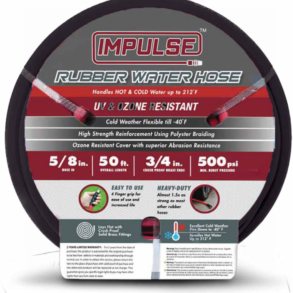Impulse 5/8" Rubber Water Hose – Heavy-Duty, Flexible for Garden ...